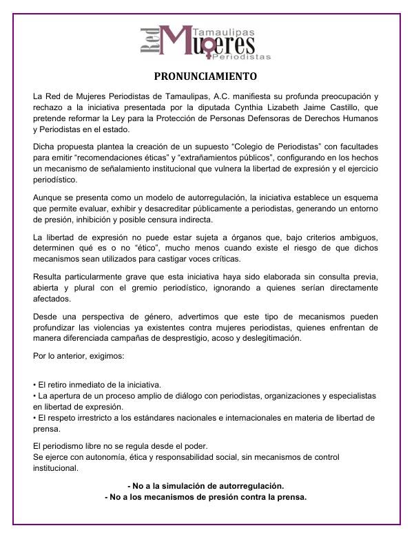 Red de Mujeres Periodistas de Tamaulipas rechaza iniciativa para crear ...